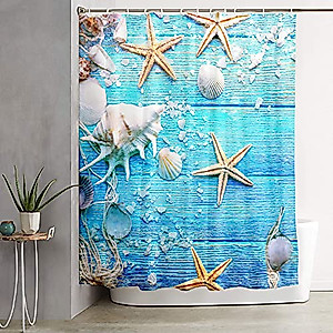 4 Pcs Nautical Bathroom Sets with Shower Curtain and Rugs and Accessories, Ocean Beach Shower Curtain with 12 Hooks, Durable Waterproof Fabric Shower Curtain 72x72inch