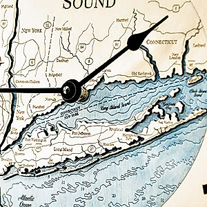 Sea & Soul Long Island Sound 3-D Nautical Wood Chart 12" Wall Clock, Handcrafted in The USA, Topographic Water Map Clock, Carved Lake Art Wall Clock, Coastal Décor (Deep Blue)