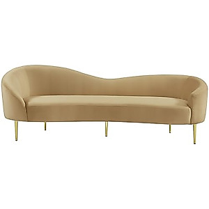 Meridian Furniture 659Camel-S Ritz Collection Modern | Contemporary Upholstered Sofa with Rich Camel Velvet, Gold Metal Legs, Curved Contemporary Design, 85.5" W x 31.75" D x 30.5" H, Camel