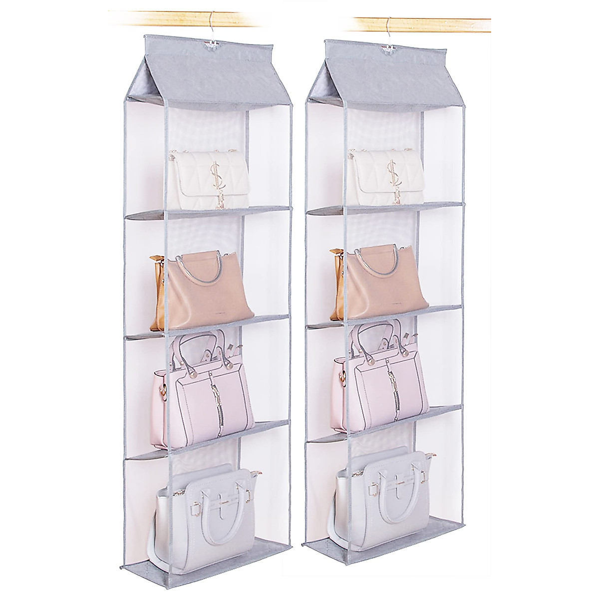 AARAINBOW Hanging Clear Handbag Purse Organizer for Closet, Handbag Organizer with Hook 4 Easy Access Pockets Wardrobe Closet Space Saving Organizers System, 47.2 L x 15.7Wx 6.3D (Gray)