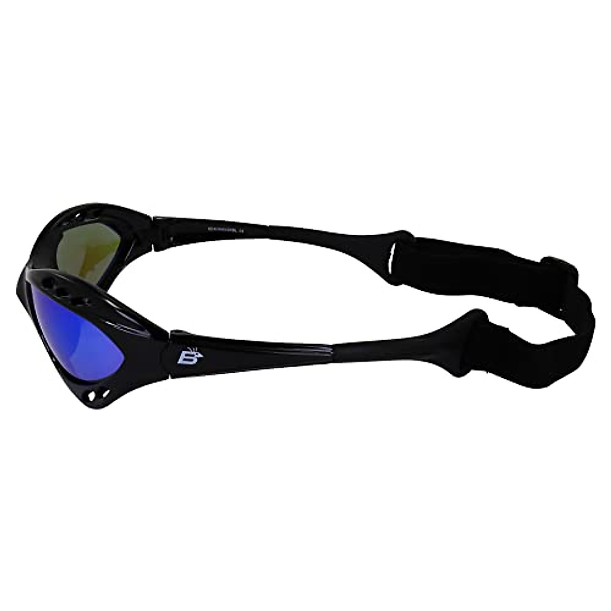 Birdz Seahawk Padded Polarized Sunglasses Jet Ski Kayaking Watersports Jetski Goggles with Built in Strap Black Frame and Blue Mirror Lens