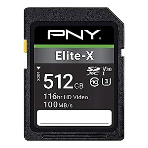 PNY 512GB Elite-X Class 10 U3 V30 SDXC Flash Memory Card - 100MB/s, Class 10, U3, V30, 4K UHD, Full HD, UHS-I, Full Size SD