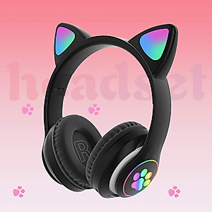 UXELY Girl Wireless Gaming Headset, Cute Cat Ear Headset with LED Lights, Noise Cancelling Stereo Gaming Headphones, Fashion Bluetooth 5.0 Headset for Kids & Adults Wearing