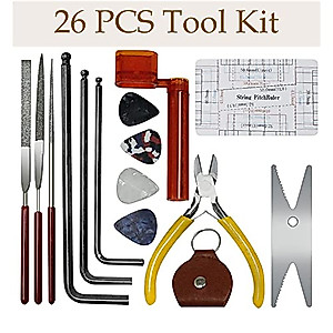 GOCOHHI Guitar Repairing Tool Kit Wire Plier,String Organizer,Fingerboard Protector,Hex Wrenches, Files, String Ruler Action Ruler, Spanner Wrench,Bridge Pins for Guitar Ukulele Bass Mandolin (26 PCS)
