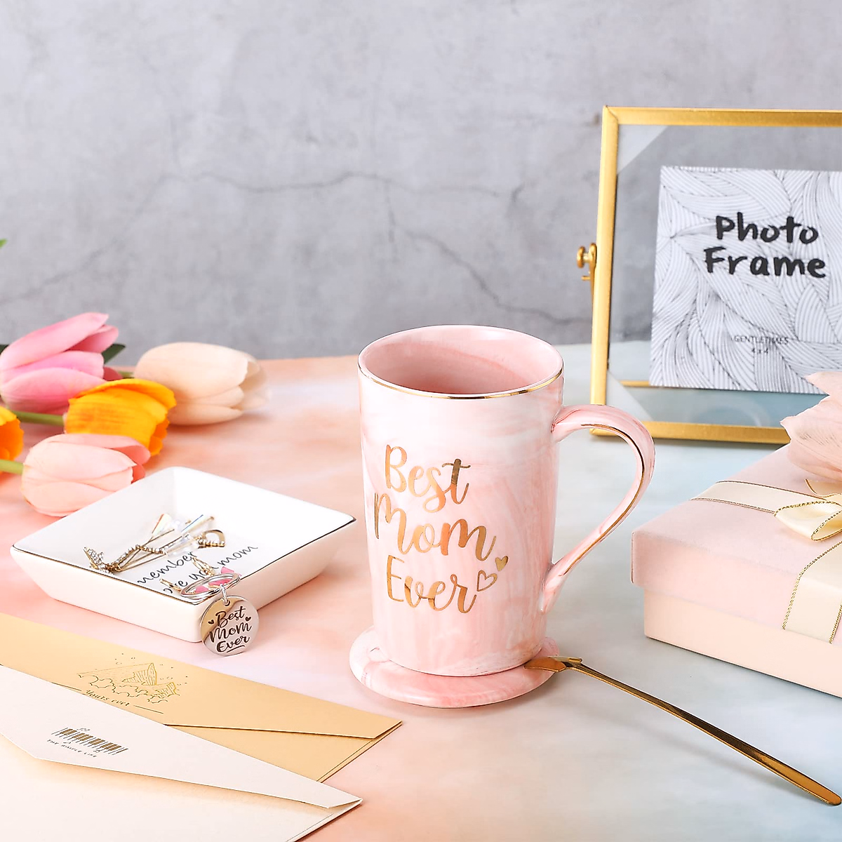 Nuanchu 3 Pcs Mother's Day Gifts for Mom Include Best Mom Ever Coffee Mug Remember I Love You Mom Ceramic Ring Dish Best Mom Ever Keychain for Mom from Daughter and Son