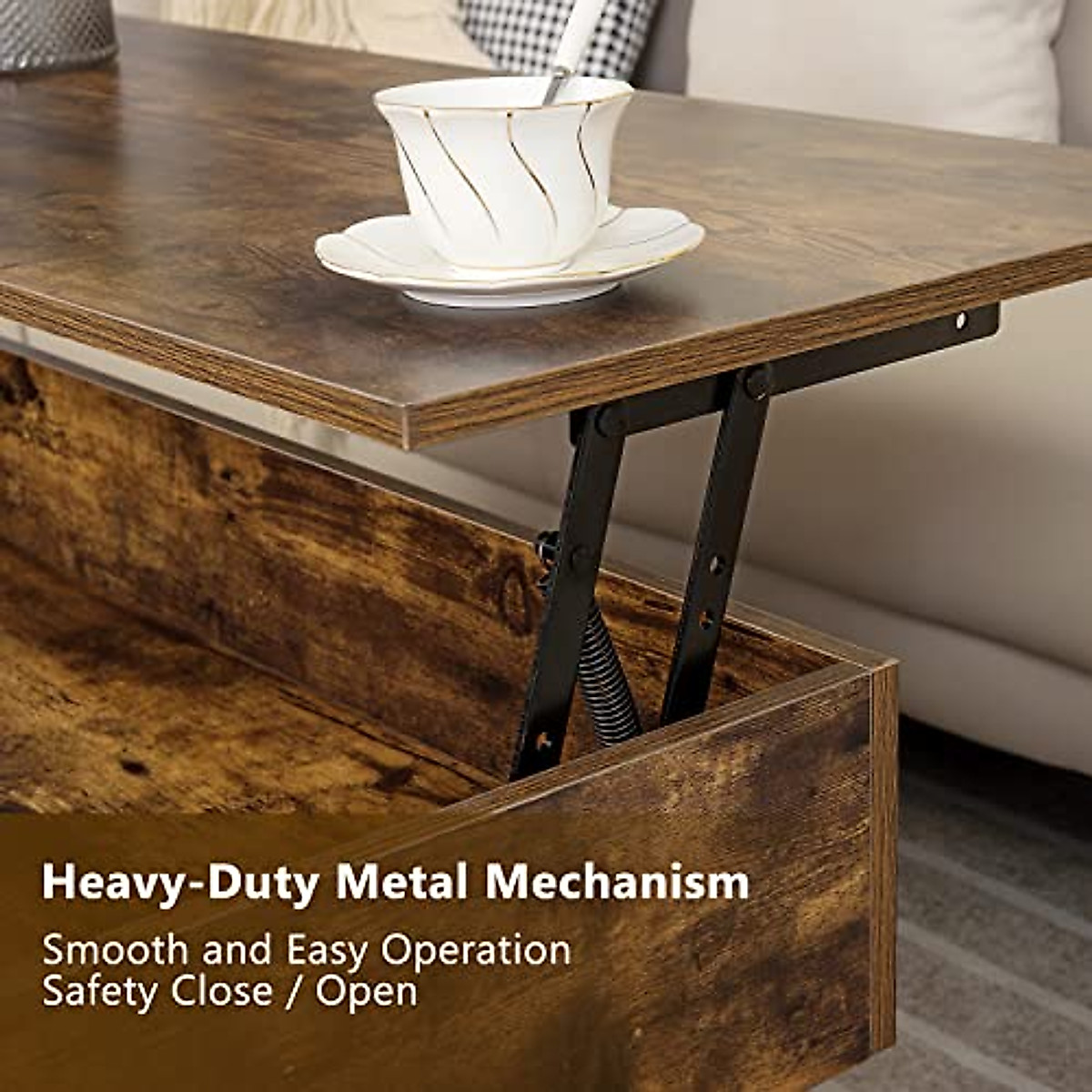 WEENFON LED Coffee Table, Smart Coffee Table with Charging Station, Lift Top, 21 Colors Change, 2 Tiers Modern Tea Table with Storage, Living Room Furniture, Rectangle Design, Rustic Brown