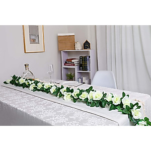 Luyue 2Pack-15ft Fake Rose Vine Garland Artificial Flower Vines Arch Floral Hanging Garlands Decoration Silk Roses for Home Wedding-White