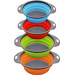 QiMH Collapsible Colander and Strainer Set of 4, 2 PC 4 Quart(1 gal) and 2 PC 2 Quart(0.5 gal), Food-grade Sturdy Plastic Base - Round Space-save Silicone Kitchen Foldable Strainer for Pasta, Veggies