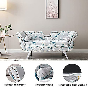 Homtique 61" Mid Century Modern Velvet Loveseat Sofa, Upholstered Loveseat Settee Accent Sofa for Bedroom, Living Room, Roll Arms Sofa with 2 Bolster Pillows, Small Couches for Small Spaces, Flower