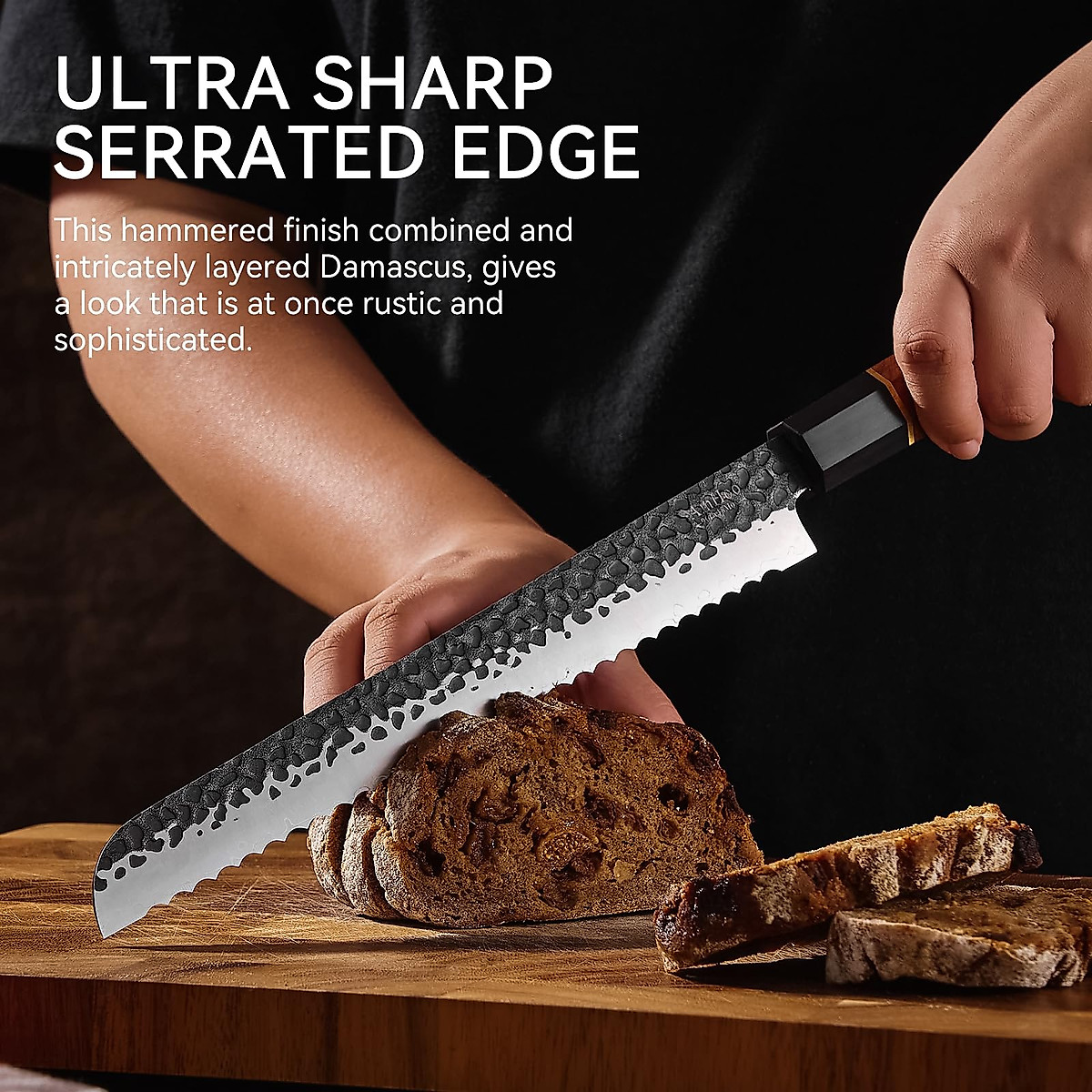 AmHoo Bread Knife 10-inch 9CR18MOV High Carbon Stainless Steel Professional Hand Forged Ultra Sharp Serrated Handle Rosewood for Homemade Bread Cake Christmas Gifts