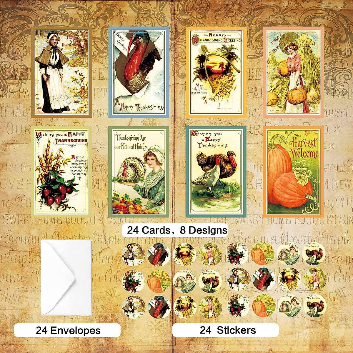 Thanksgiving Vintage Greeting Cards 24PCS Bulk Thanksgiving Cards Thanksgiving Cards for Family Thankful Cards with Envelopes for Fall Autumn Holiday Parties Celebrations Harvest Happy 4 x 6 inches