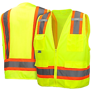 PYRAMEX Class 2 Surveyor's Safety Vest with 6 Pockets, Hi-Vis Lime, 5XL