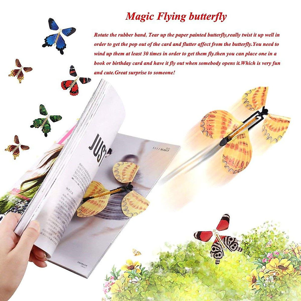 BFY Magic Flying Butterfly Wind Up Toys for Card, Gag Gifts for Kids Great Surprise Colorful Butterfly in Book Greeting Card Books for Wedding Party (5 Pcs)