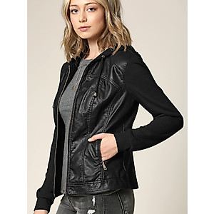 Lock and Love LL WJC1347 Womens Faux Leather Zip Up Moto Biker Jacket with Hoodie XXL Black_Black