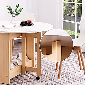 Kasshom Round Drop-Leaf Folding Dining Table, Multifunctional Convertible pace Saving Extendable Table with Storage Box and Wheels, for Kitchen/Farmhouse/Living Room, S White