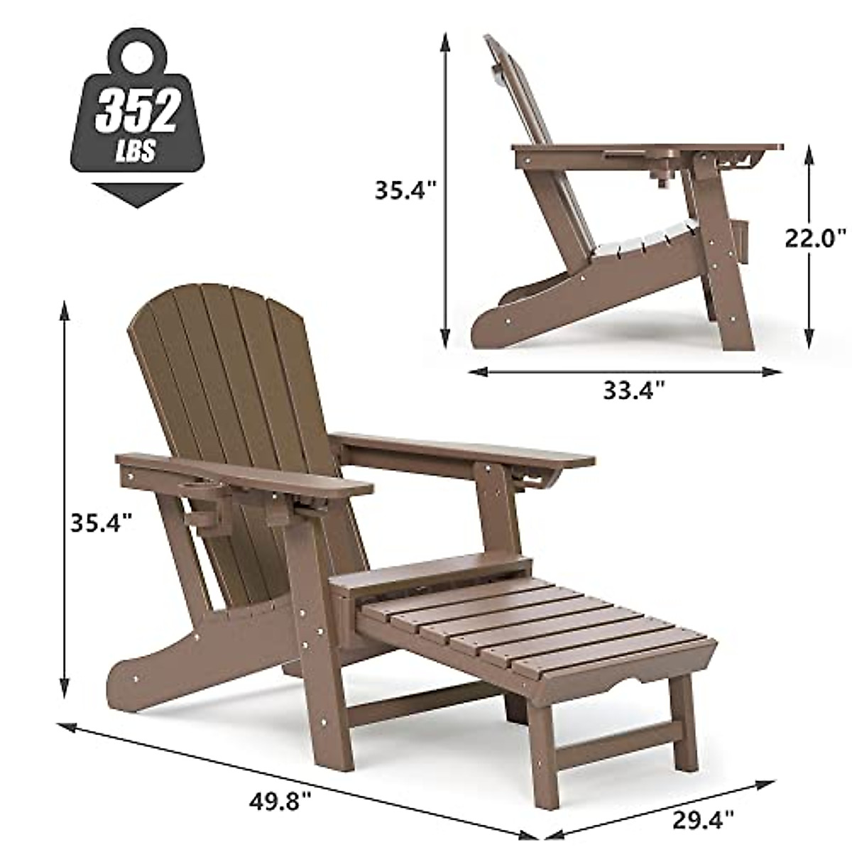 TORVA Folding Adirondack Chair Lawn Outdoor Fire Pit Chairs Adirondack Chairs Weather Resistant/Adirondack Retractable Ottoman（Brown Color）