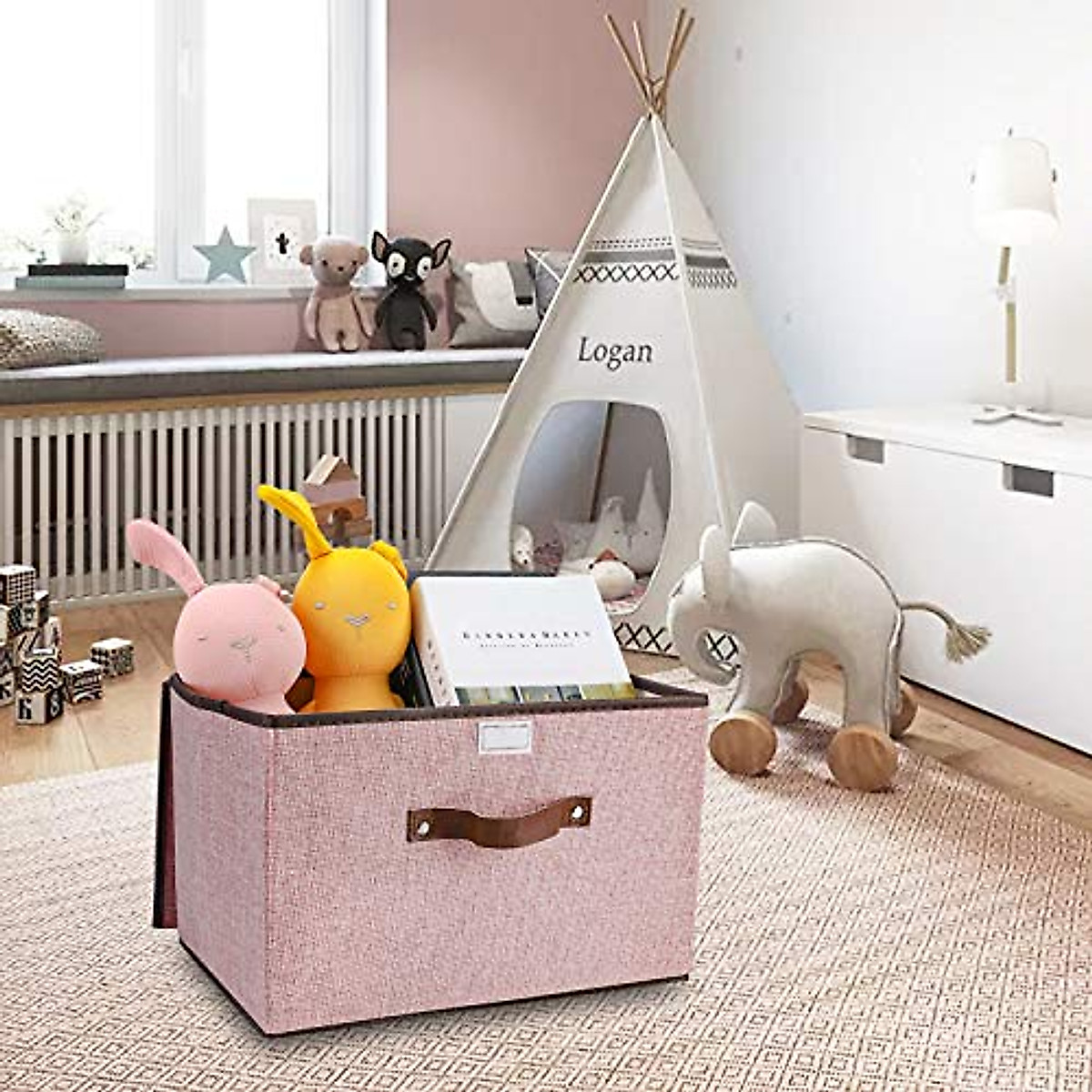 LeFroom 2 Pack Foldable Storage Boxes with Lid and Handles, Cotton and Linen Storage Bins and Baskets Organizer for Nursery, Closet, Bedroom, Home(Red)