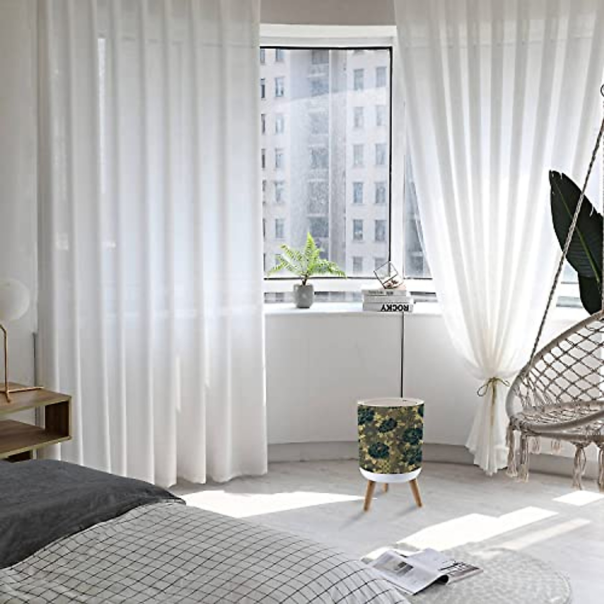 IBPNKFAZ89 Small Trash Can with Lid Japanese Peony Flowers with Traditional Fabric Patchwork Abstract Garbage Bin Wood Waste Bin Press Cover Round Wastebasket for Bathroom Bedroom Office Kitchen