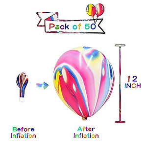 Mayen 50 Pcs 12 Inches Tie Dye Balloons, Rainbow Agate Marble Latex Balloons, Swirl Balloons, Helium Balloons, Tie Dye Birthday Decorations, Hippie Party Supplies