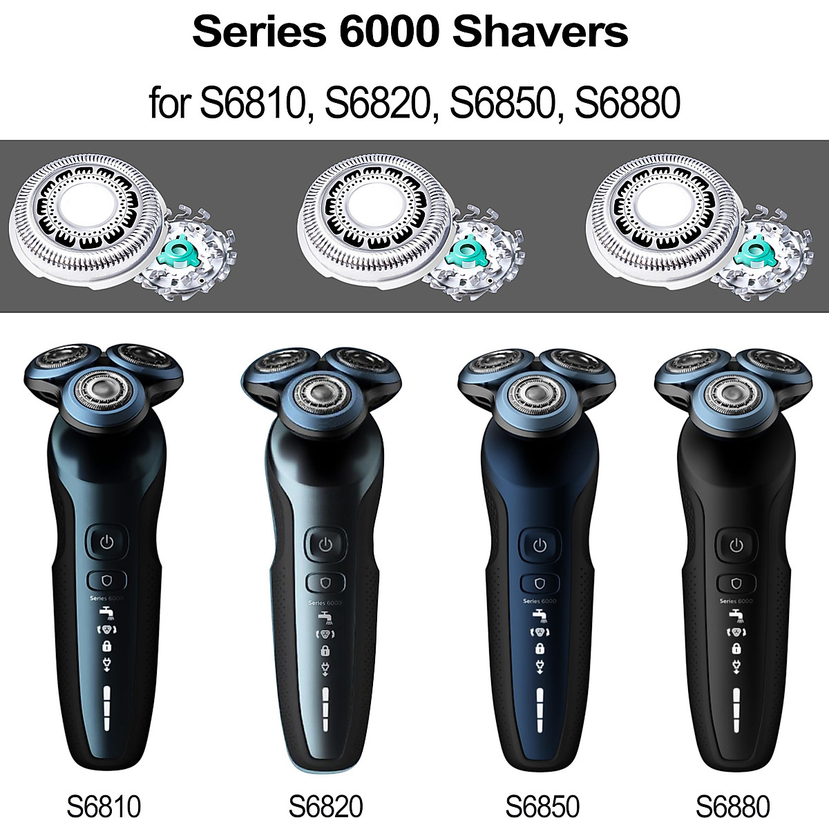 SH60/72 Replacement Heads Compatible with Philipsi Norelcoo Shaver for S6810, S6820, S6850, S6880/81, Replacement Heads for Series 6000 Shavers