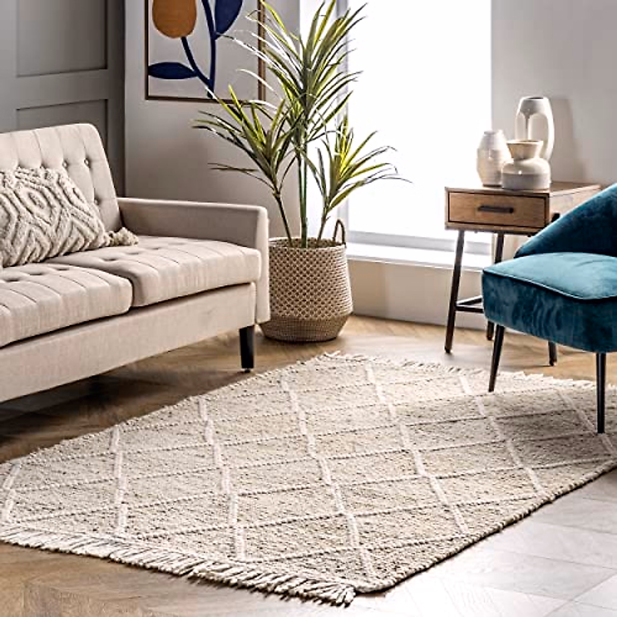 nuLOOM Brooklyn Textured Trellis Wool Fringe Area Rug, 9' x 12', Beige