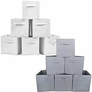 EZOWare Set of 12 Foldable Basket Bin Collapsible Storage Cube For Nursery, Kids Toys Organizer, Shelf Cabinet - (White + Gray)
