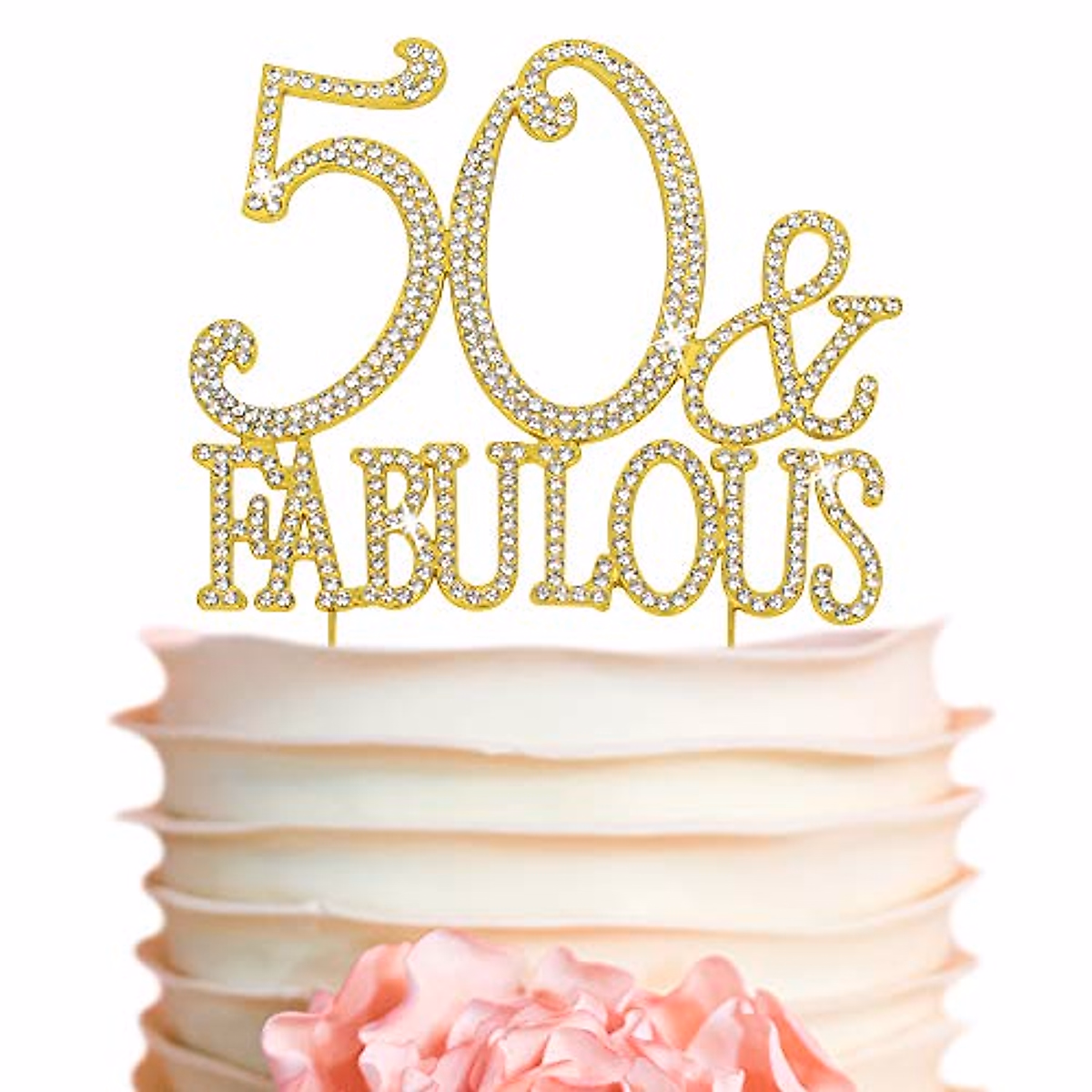 50 Cake Topper - Premium Gold Metal - 50 and Fabulous - 50th Birthday Party Sparkly Rhinestone Decoration Makes a Great Centerpiece - Now Protected in a Box