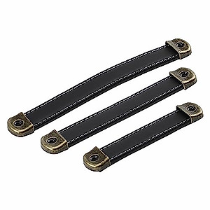 HUHUIAOH Leather Handle Brass Handle Wine Box Wardrobe Luggage, Shoe Cabinet Furniture Handle Hardware Accessories - 2 Pack (Black, 160mm(6-1/4in))