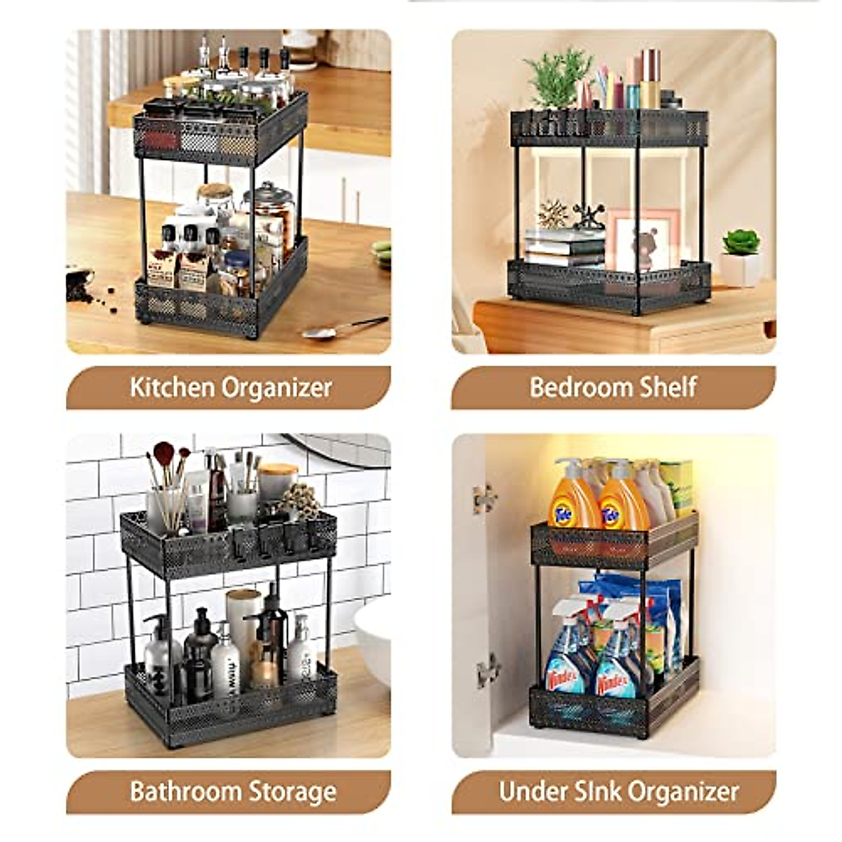 Under Sink Organizers and Storage, Metal Bathroom Organizers Countertop with 4 Hooks, 2 Tiers Under Cabinet Organziers and Storage, Under Kitchen Sink Organizers and Storage with 4 Non-Slip Feet