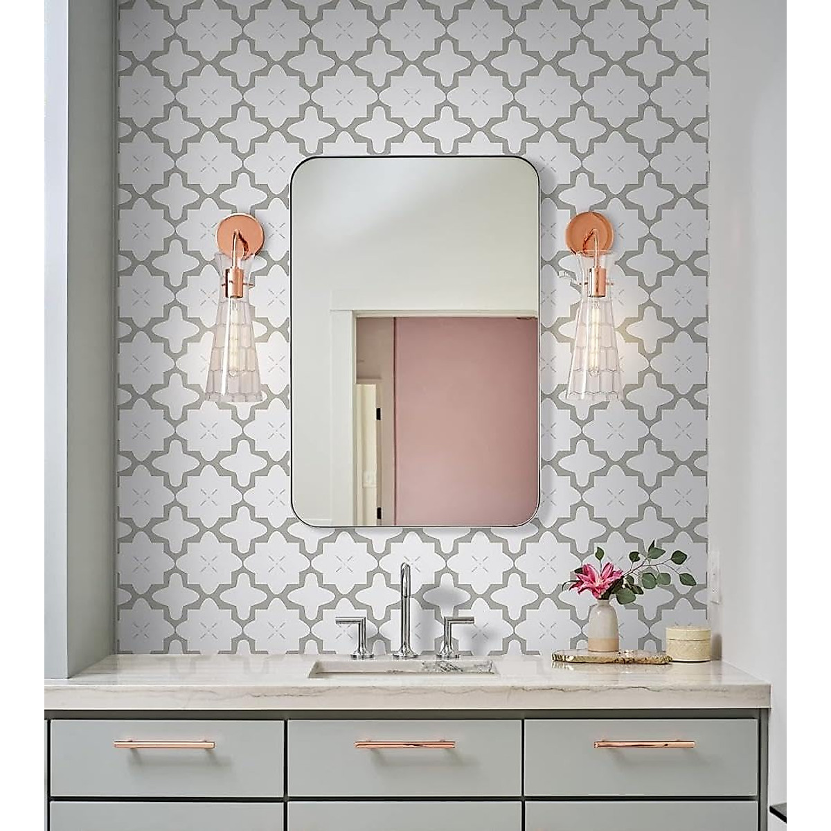 GloryTik 17.7" x 78.7" Trellis Contact Paper Grey and White Peel and Stick Wallpaper Self Adhesive Wallpaper Gray Geometric Removable Wallpaper for Cabinets Drawer Room Wall Decoration