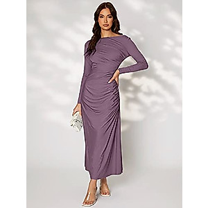 Floerns Women's Solid Boat Neck Long Sleeve Ruched Side Party A Line Long Dress Mauve Purple S