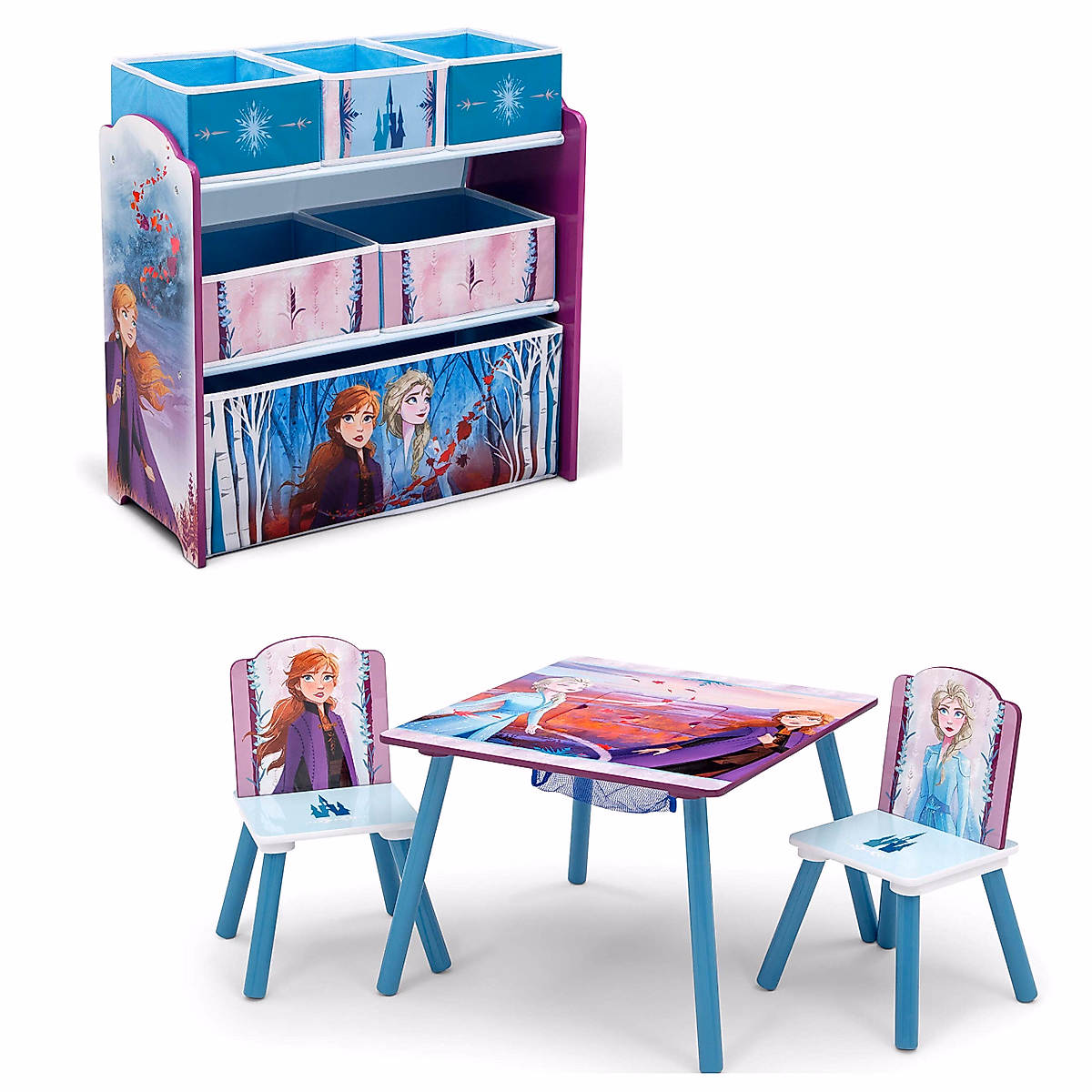 Delta Children Kids Table and Chair Set with Storage (2 Chairs Included) Plus Design & Store 6 Bin Toy Storage Organizer - Ideal for Arts & Crafts, Homeschooling, Homework & More, Disney Frozen II
