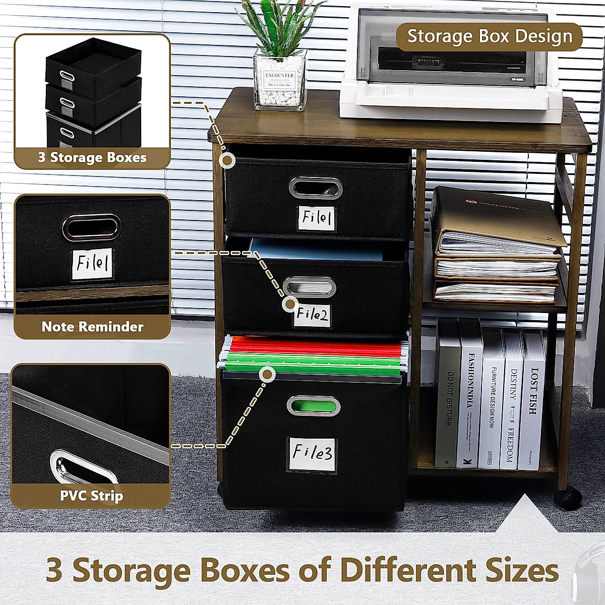 Homde 3 Drawer Bamboo File Cabinet Whit Wheel,Mobile Office Lateral File Cabinets,File Folders for Filing Cabinet,Printer Stand with Open Storage Shelf fits A4 Letter Size for Home Office,Brown