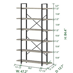 HSH 6 Tier Tall Bookshelf, Wood and Metal Vertical Display Book Shelf, Industrial 6 Shelf Bookcases and Book Shelves Storage Rack, Large Open Book Case for Bedroom Living Room Office, Light Grey Oak