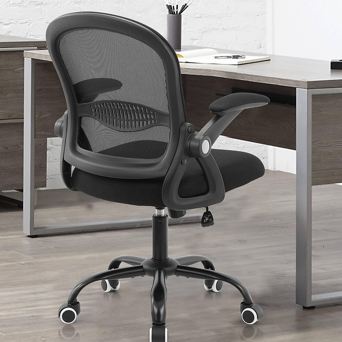 SAIBFARST Ergonomic Office Chair-Adjustable Height, Desk Chair with Wheels Mesh Computer Desk Chair with Flip-up Arms PU Leather Task Chair 300lbs