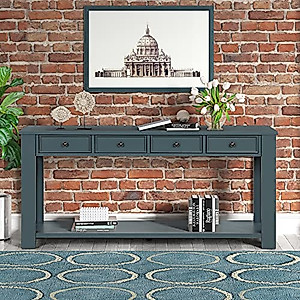 INMOZATA Rustic 4-Drawer Console Sofa Table with Storage Shelf, 63 inch Long Entry Side Table Wooden Entryway Hallway Foyer Living Room Sofa Table,Blue