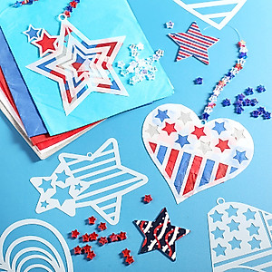 Junkin 20 Pcs Suncatcher Kit Independence Day Craft Kit 4th of July Suncatcher Kit Tissue Paper Patriotic Star Suncatcher Craft Window Art Kit with 18 Tissue Paper for DIY Patriotic Star Party Favor