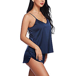 RSLOVE Women's Satin Pajamas Sexy Lingerie Sleepwear Cami Shorts Set Two-piece Pj Sets Blue M