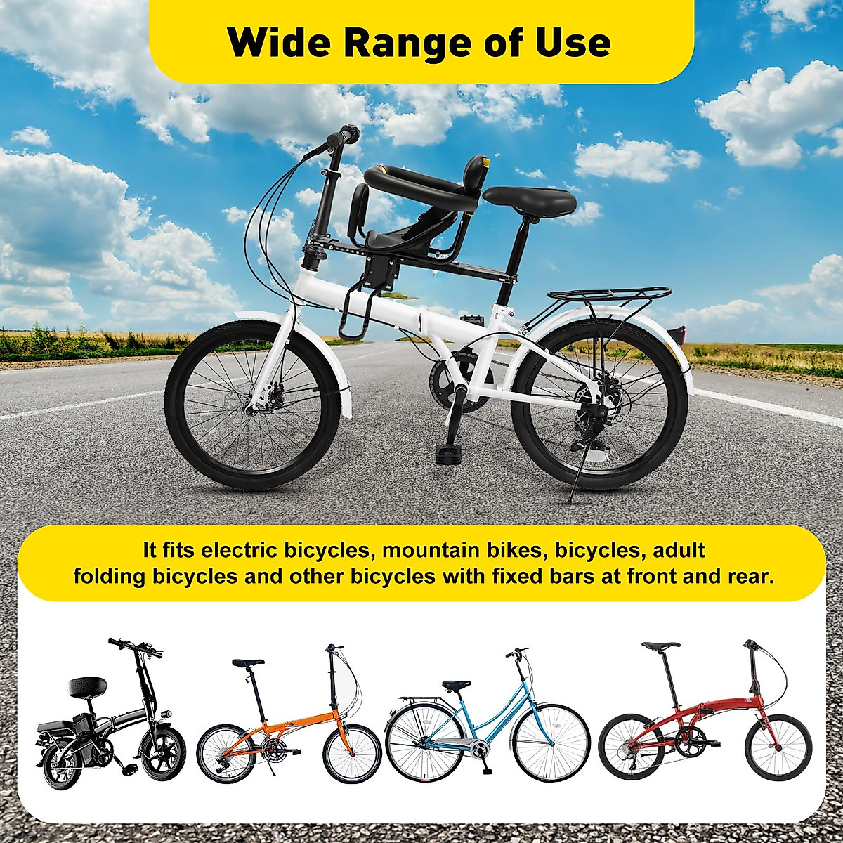 Gdrasuya10 Portable Bicycle Front Mounted Baby Seat Lightweight Child Bicycle Safety Seat Padded Saddle Kids Saddle Carrier Seat Cushion with Foot Pedal