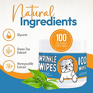 Wrinkle Wipes for Dogs - 100 Count Dog Wrinkle Wipes French Bulldog, English Bulldog, Pugs - 3.15 in Large Bulldog Face Wipes - Cleaning & Soothes on Wrinkles, Folds, Tail Pockets