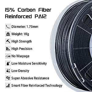 R QIDI TECHNOLOGY PA12-CF Nylon Filament 1.75 Black, Carbon Fiber Nylon Filament 1.75mm 1Kg Spool 3D Printer Filament, High Strength, High Precision, No Warpage, Low Moisture Sensitivity