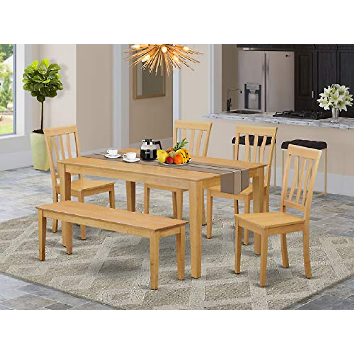 East West Furniture Capri 6 Piece Set Contains a Rectangle Dining Room Table and 4 Kitchen Chairs with a Bench, 36x60 Inch, Oak
