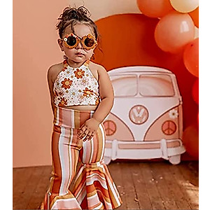 Baby Girl Summer Clothes Cute Bell Bottoms Outfits Sleeveless Halter Backless Crop Tank Tops Flare Pants Set (A-Colorful, 18-24 Months)