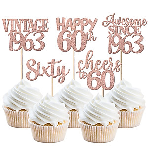30 Pack Vintage 1963 Cupcake Toppers Glitter Happy 60th Sixty Awesome Since 1963 Cupcake Picks 60 Fabulous Cake Decorations for 60th Birthday Wedding Anniversary Party Supplies Rose Gold