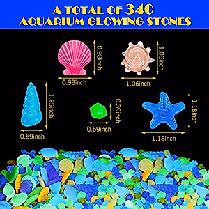 340 Pieces Aquarium Glowing Stones Multi-Colored Sea Shells Decorative Pebble Stones Tank Decorations Rocks Glow in The Dark for Swimming Pool Garden Fish Tank and Aquarium
