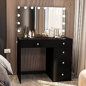 Boahaus Matilda Vanity Makeup Desk, Elegant White Bedroom Set with a Full-Width Mirror, 5 Drawers, Crystal Knobs - Ideal Modern Makeup Vanity with Ample Storage