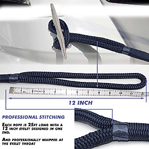 INNOCEDEAR 2 Pack Premium Navy Blue Dock Lines - 15' / 25'/35' with Eyelet.Double Braided Nylon Dock Line/Mooring Lines.Hi-Performance Marine Boats Ropes