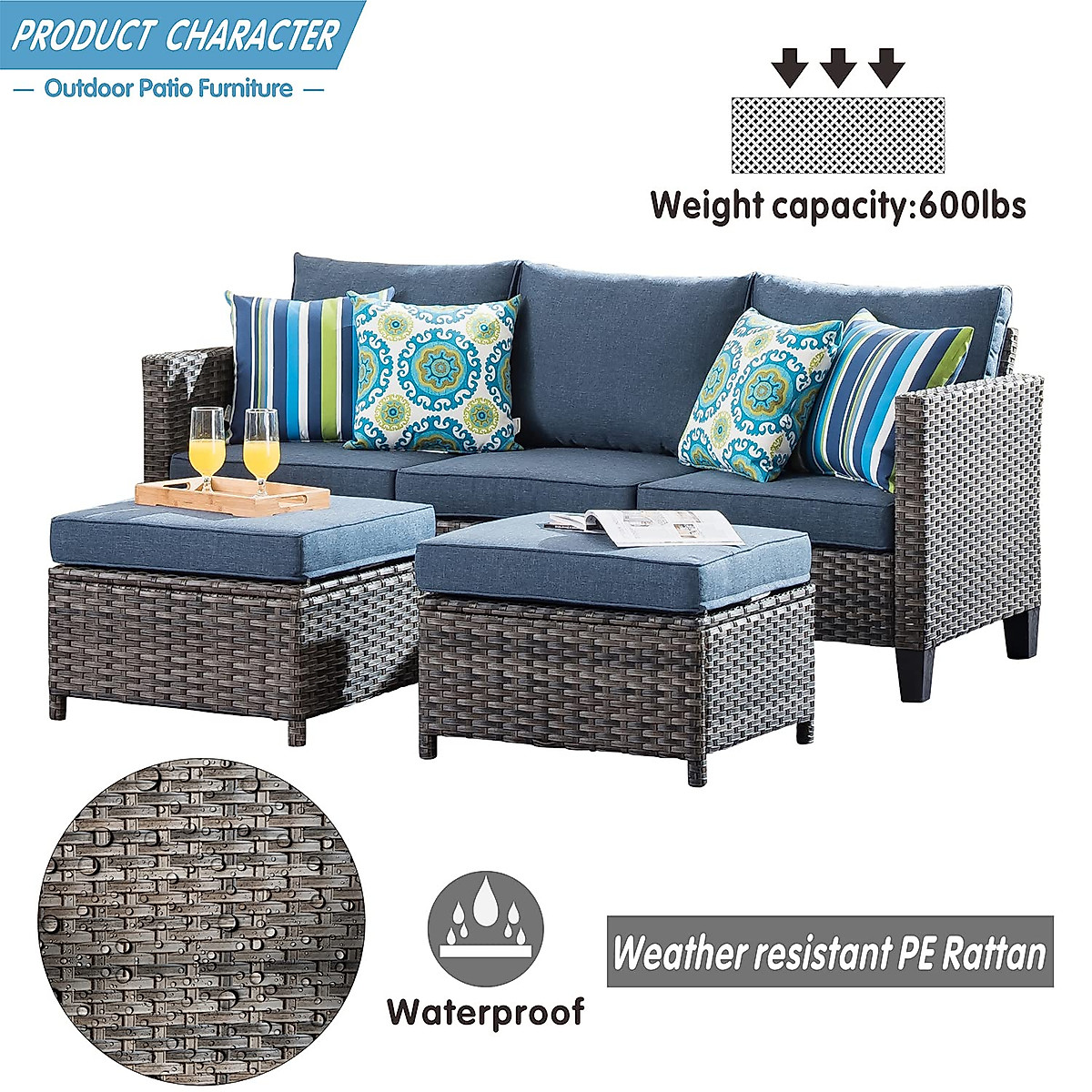 ovios Outdoor Furniture 5 Pieces Patio Furniture Set Sectional Conversation Set All Weather Wicker Rattan Sofa Couch for Yard Deck Porch, Grey Wicker, Denim Blue Cushion