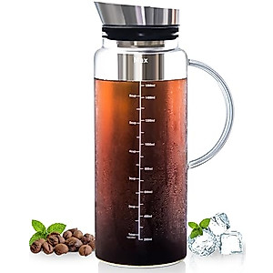 Aquach Cold Brew Coffee Iced Tea Maker & Fruit Pitcher - Large Capacity 51 Ounces - with Durable Glass Carafe/Fine Mesh Steel Infuser/Airtight Lid