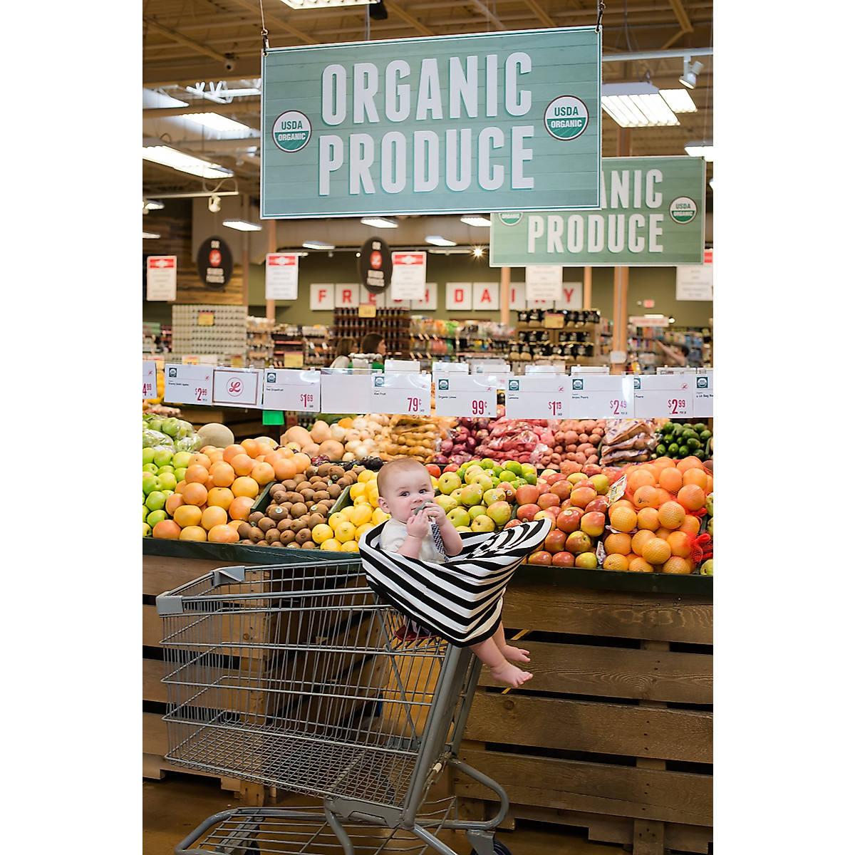 Premium Baby Car Seat Cover Set By Ike & Leo - Multipurpose Stretchy Baby Cart Canopy -Breastfeeding Cover - Lightweight & Breathable - Black & White Classic Stripes Design - Bonus Bamboo Nursing Pads